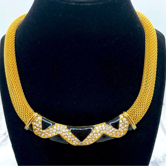 Monet | Jewelry | Vintage Monet Black Enamel Gold Tone Mesh Rhinestone ...